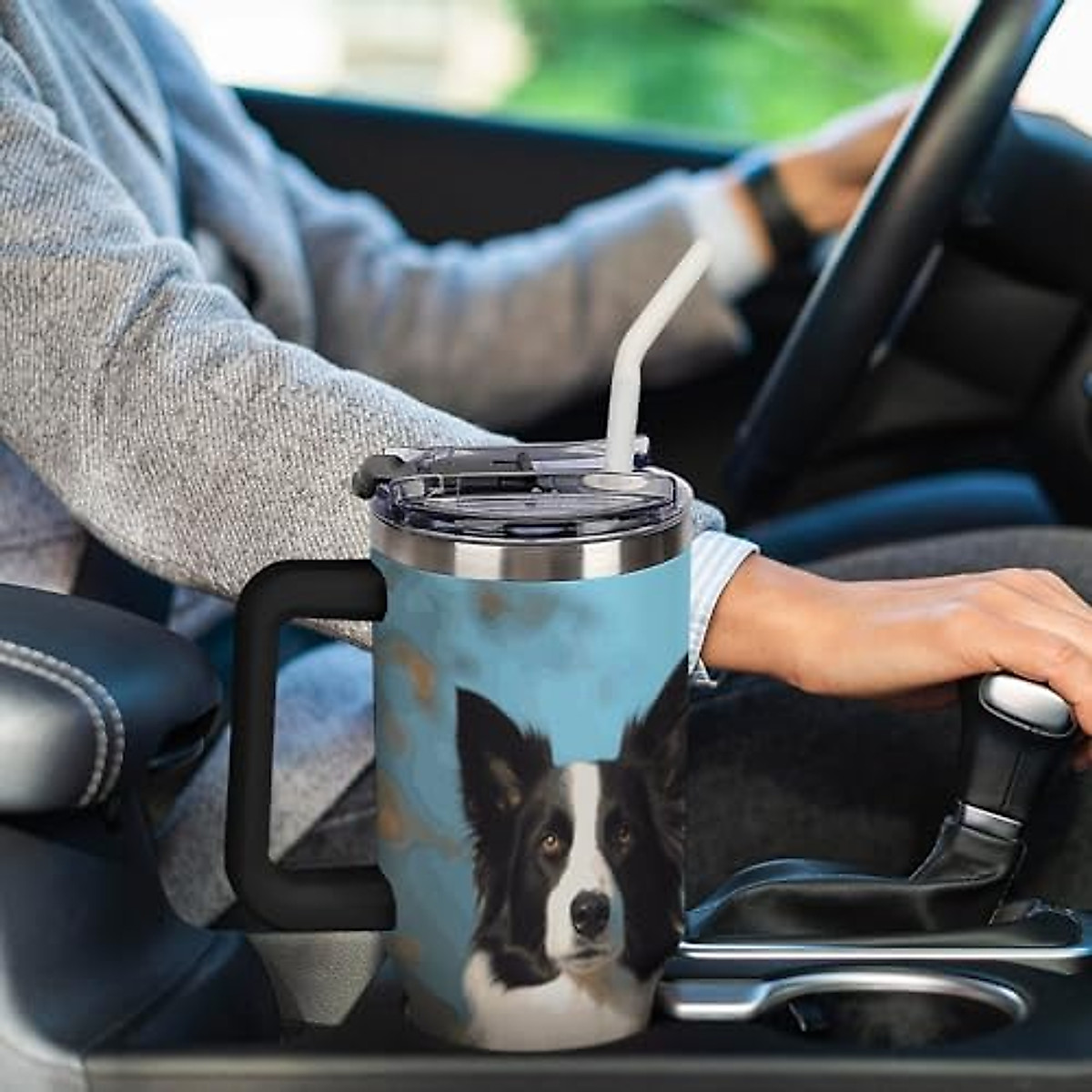 LLUTSNTH 40 Oz Vacuum Tumbler with Black Handle Leakproof Insulated Tumbler Border Collie Stainless Steel Travel Mug with Lid And Straw Coffee Cup Cute Water Bottles Cup Holder Friendly