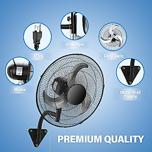 Simple Deluxe Cool Breeze 18-Inch Wall Mount Fan with 3 Speed Settings, 120-Degree Oscillation, Quiet and Effective Cooling for Home, Garage, or Workshop,Black