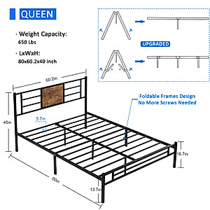 VECELO Queen Size Bed Frame with Headboard, Heavy-Duty Platform with Steel Slats Support, No Box Spring Needed/Easy Assembly, Matte Black & Brown