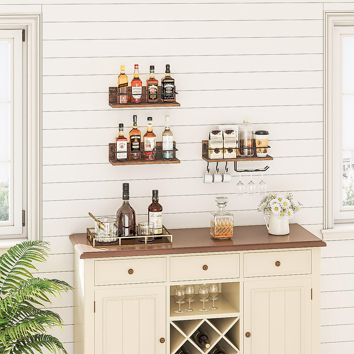 HOOBRO Wall Mounted Wine Rack 3 Pack, Wine Shelf Hanging Floating Wall Shelves, Wine Glass Bottle Rack Stemware Holder, for Living Room, Dining Room, Kitchen, Rustic Brown and Black BF33BJ01