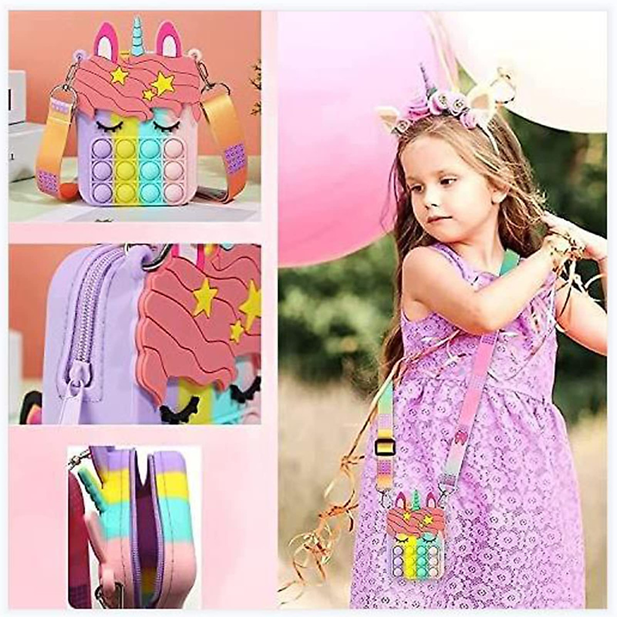 Unicorn Pop Purse for Girls Silicone Kids Bag Shoulder Toy Bubble Popper Lovely Sensory Stress Relief Students