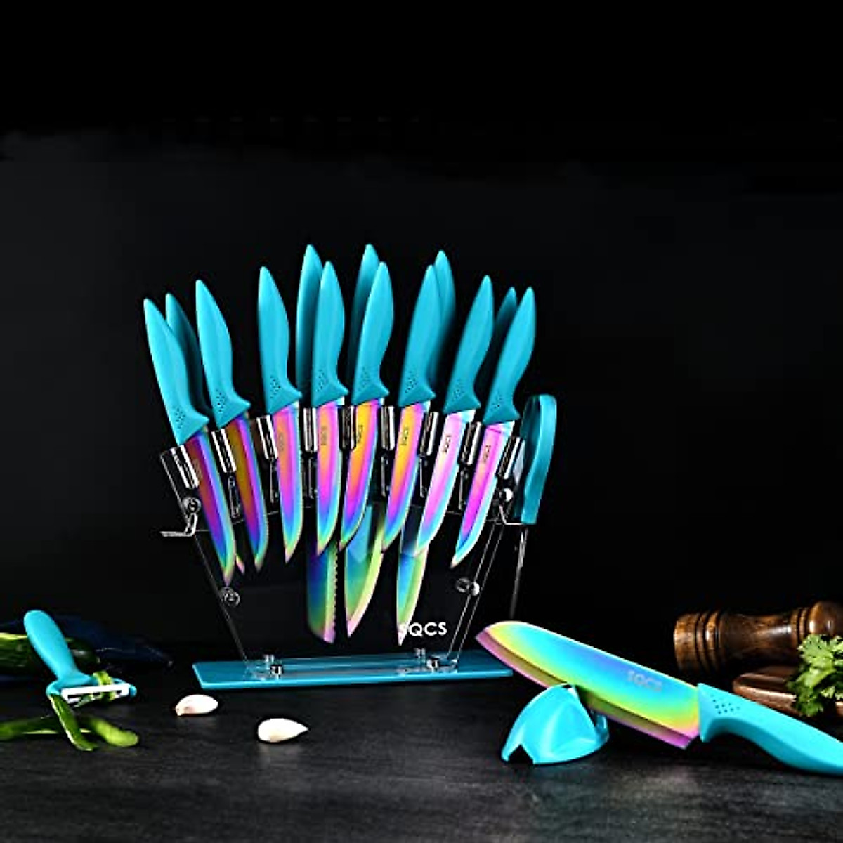 Rainbow Knife Set 18 Pcs Kitchen Knives Set Sharp Stainless Steel Knife Sets Contain 8 Steak Knives Sharpener Peeler Clear Acrylic Stand Beautiful Knife Best Gift (Turquoise 18PCS Set)