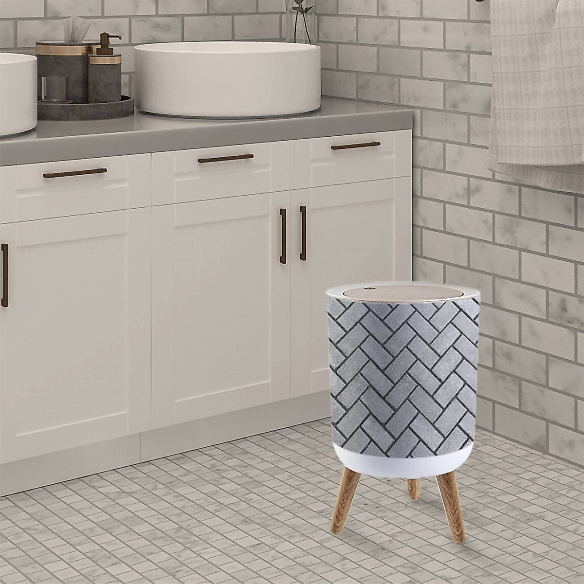 Small Trash Can with Lid Sidewalk Gray Tiles diagonally Texture Copy Space 7 Liter Round Garbage Can Elasticity Press Cover Lid Wastebasket for Kitchen Bathroom Office 1.8 Gallon