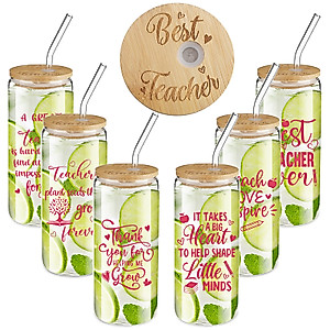 Rtteri 6 Pcs Teacher Gifts Teacher Appreciation Gifts Teacher Glass Cups 20 oz Drinking Glasses Glass Tumbler with Straw and Lid and Brushes Teacher Tumbler for Women