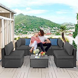 SUNCROWN 7-Piece Outdoor Patio Furniture Sofa Set All-Weather Wicker Sectional Conversation Set with Modern Glass Coffee Table and Cushions (Grey)