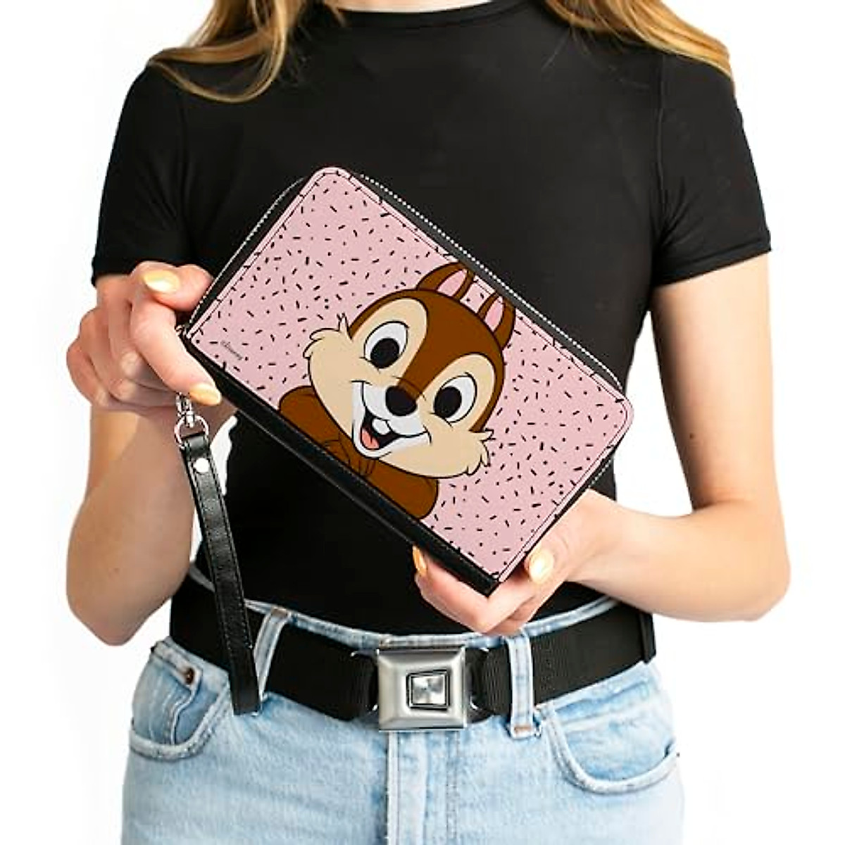 Buckle-Down PU Zip Around Wallet Rectangle Disney Chip n Dale Chip Smiling Pose Sprinkle Pink Black