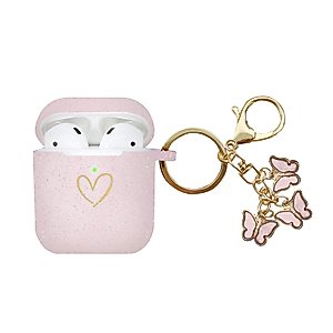 AIIEKZ Compatible with AirPods Case Cover, Soft Silicone Case with Gold Heart Pattern for AirPods 2&1 Generation Case with Cute Butterfly Keychain for Girls Women (Rose Gold)