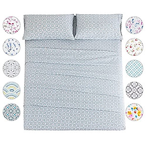 KACEMOO Printed Sheet Set Full Size Bed 4PC Blue Floral Sheets Boho Pattern Sheets Cooling 17 Inches Deep Pocket Brushed Microfiber Bed Sheets, Luxury, Soft, Breathable, Hypoallergenic, Wrinkle Free