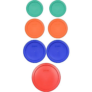Pyrex Bundle - 7 Items (1) 7402-PC 6/7 Cup Red (2) 7201-PC 4 Cup Cobalt Blue (2) 7200-PC 2 Cup Orange (2) 7202-PC 1 Cup Green Food Storage Lids