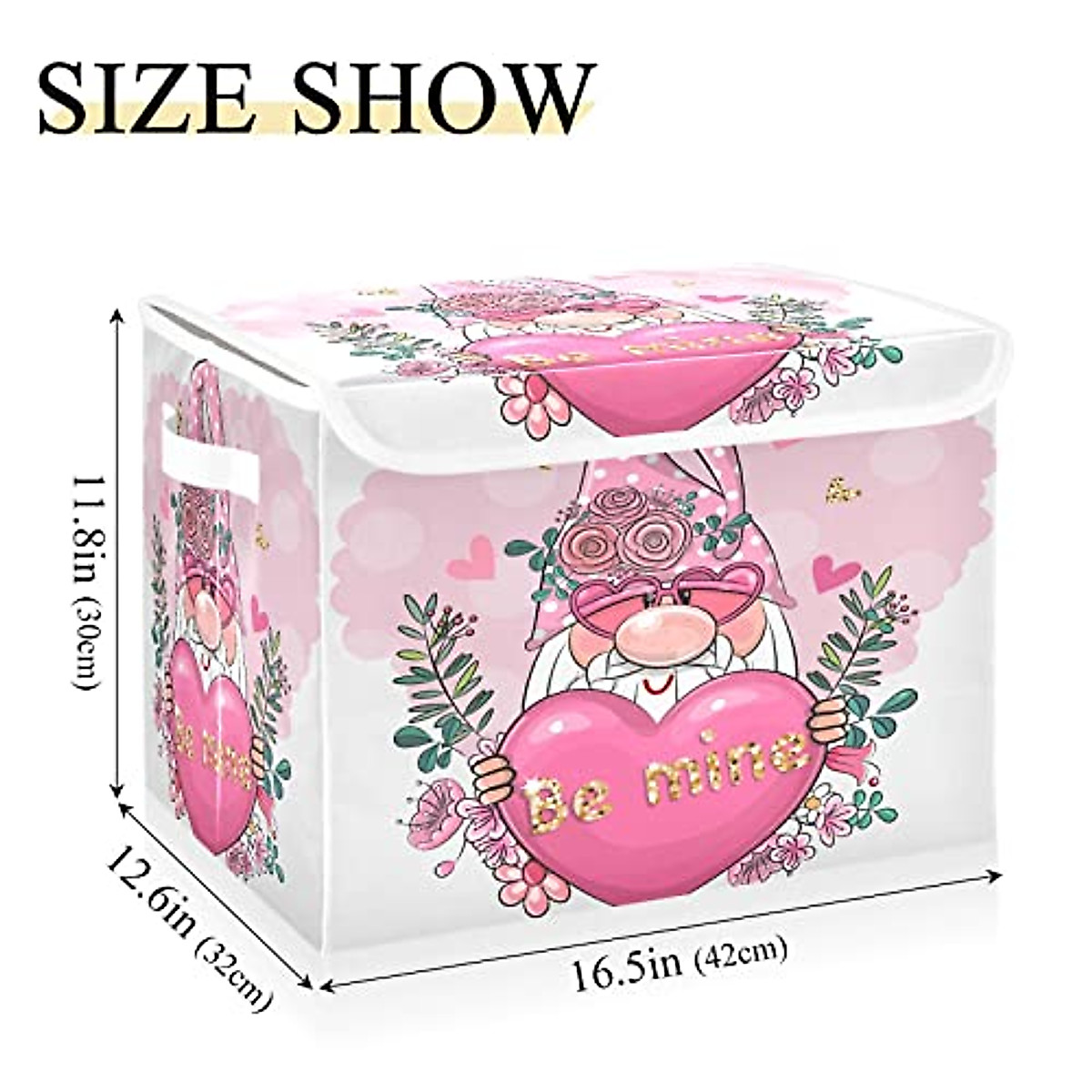 DOMIKING Valentine Gnome Heart Large Storage Bin with Lid Collapsible Shelf Baskets Box with Handles Toys Organizer for Nursery Drawer Shelves Cabinet