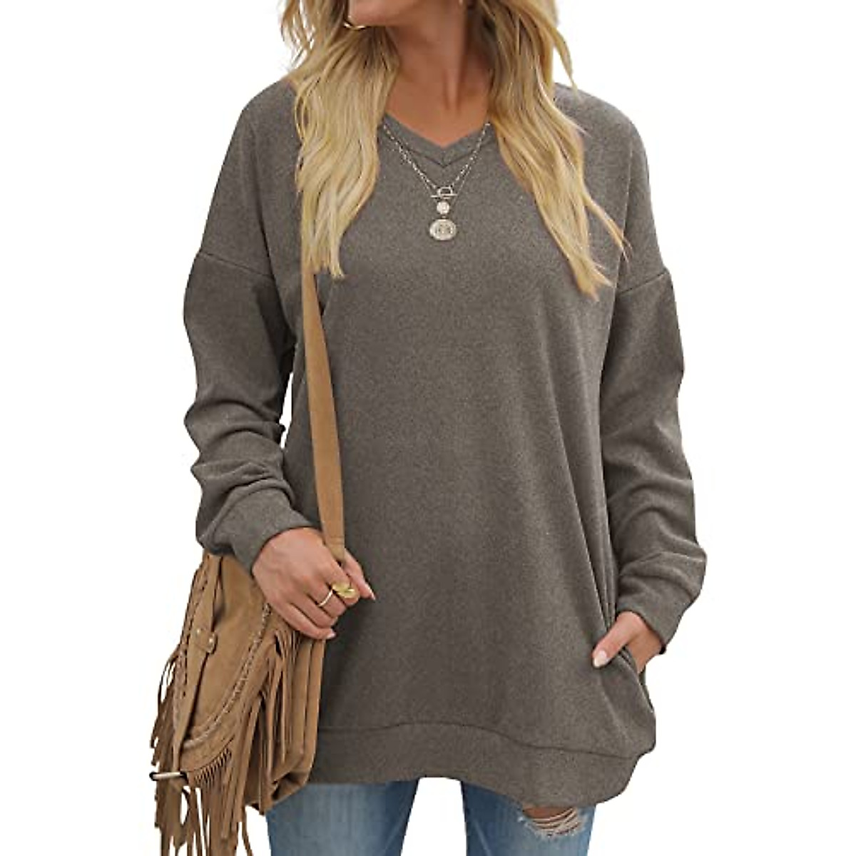 Sweatshirts for Women Long Sleeve V Neck Loose Tops Grey Coffee M