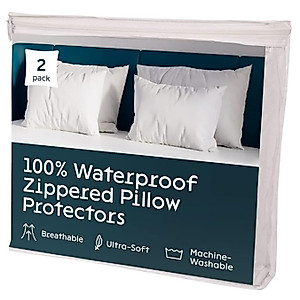 Waterproof Pillow Protectors King 20x36 Inches Set of 2 Smooth Zipper Premium Encasement Covers Quiet Cases Set White