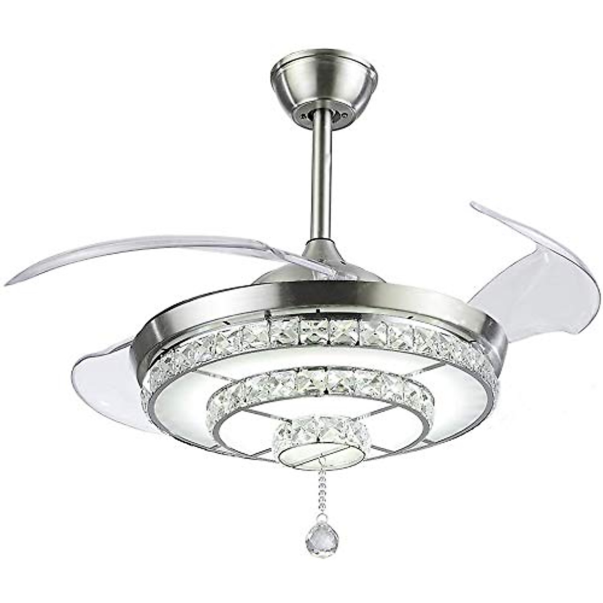 efperfect 42" Crystal Ceiling Fan with Light Retractable Blades Chrome Modern LED Chandelier Remote 3 Color Changes 3 Speeds Silent Ceiling Fans Lighting Fixture, LED Kits Included