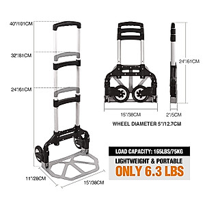 RedSwing Folding Hand Truck, 165lbs Capacity Lightweight Portable Hand Cart with Bungee Rope and 2 Rubber Wheels, Heavy Duty Foldable Hand Dolly for Home Shopping，Moving，Travel，Office ，Silver