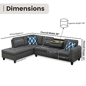 Yafylly L Shaped Sectional Couch, Living Room Furniture Set with Storage Ottoman, Deep Seat Modular Sofa with 2 Cup Holders, 2 Throw Pillows for Large Space, Grey