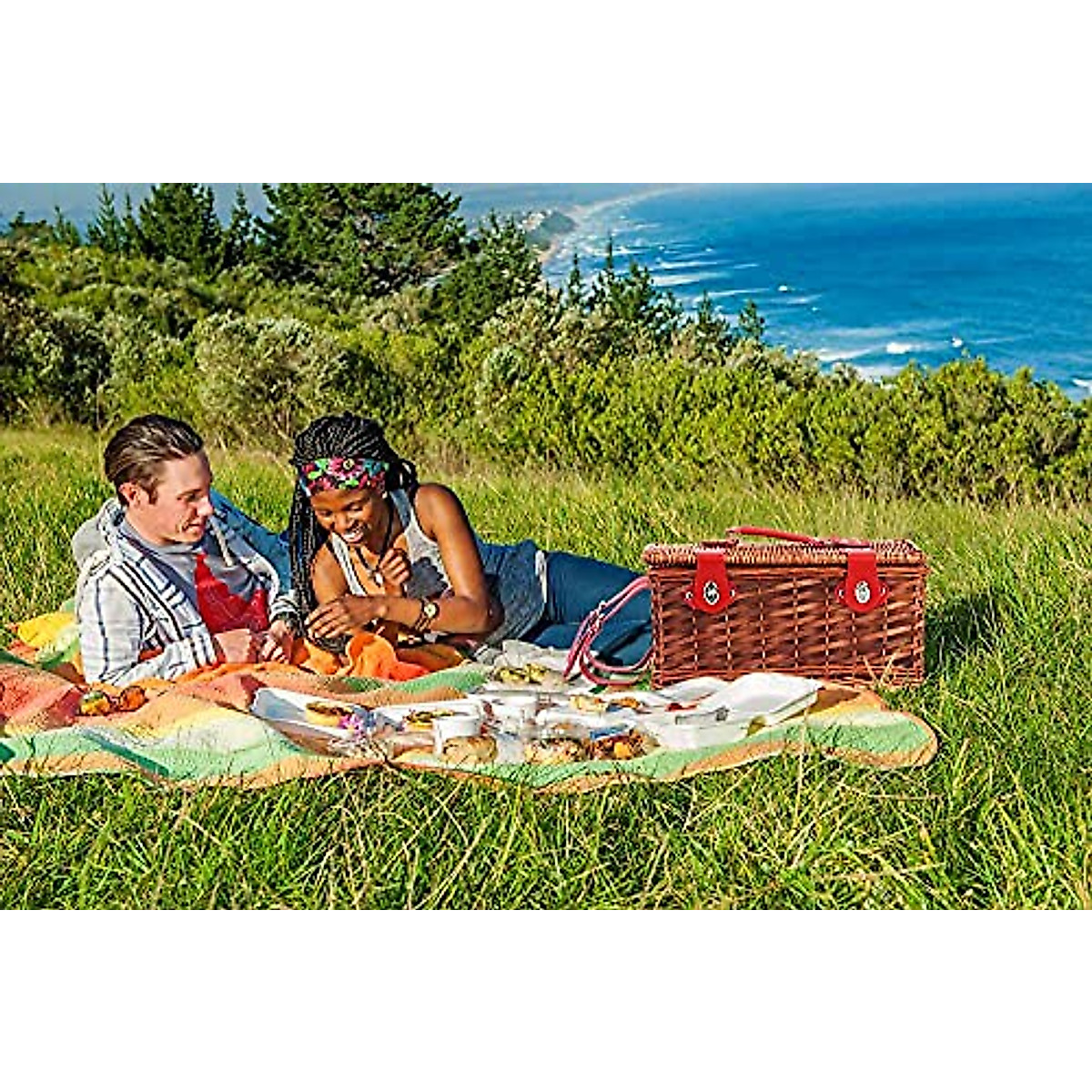 Wicker Picnic Basket Set for 4 Persons with Large Insulated Cooler Bag and Waterproof Picnic Blanket, Willow Picnic Hamper for Family, Outdoor, Camping, Party(Red)