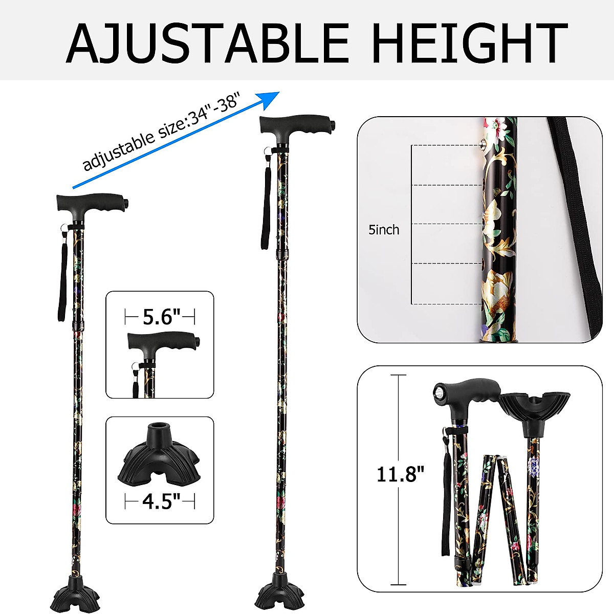 LIXIANG Walking Cane with LED Light, Adjustable Folding Walking Cane for Women and Men, Lightweight Portable Collapsible Cane Quad Cane for Senior Balance