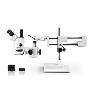 Vision Scientific VS-5FZ-IFR07 Simul-Focal Trinocular Zoom Stereo Microscope,10x WF Eyepiece,0.7X-4.5X Zoom,3.5X—90x Magnification,0.5X & 2X Auxiliary Lens, Double Arm Boom Stand, 144-LED Ring Light
