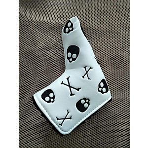 DNYAN Golf PU Leather Blade Putter Cover Skull Bones Headcover with Veclro Fastening for putters All Brands Taylormade Scotty Cameron Titleist Callaway Ping,White