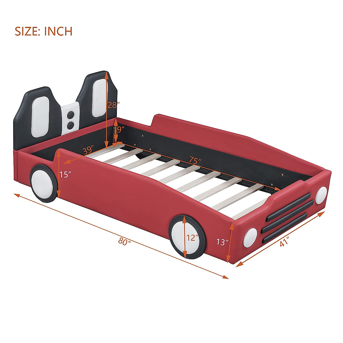 Harper & Bright Designs Twin Size Race Car-Shaped Platform Bed with Wheels, Faux Leather Upholstered Twin Bed Frame for Kids Boys Girls, No Box Spring Needed, Red