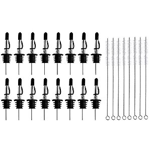 16PCS Liquor Pourers, Stainless Steel Liquor Bottle Pourers Tapered Spout with Rubber Dust Caps, with 8pcs Cleaning Brush, Suitable for About 3/4" Bottle Mouth
