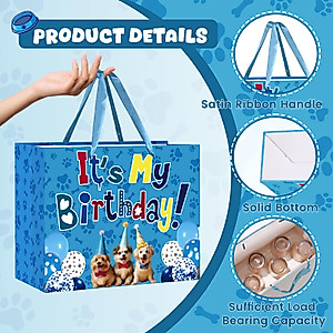 Dog Birthday Gift Bag for Dog Birthday Party Supplies, Large Dog Birthday Wrapping Bag with Tissue Paper and Greeting Card Dog Paw Print Gift Bags for Puppy Theme Party Dog Paw Birthday Decorations