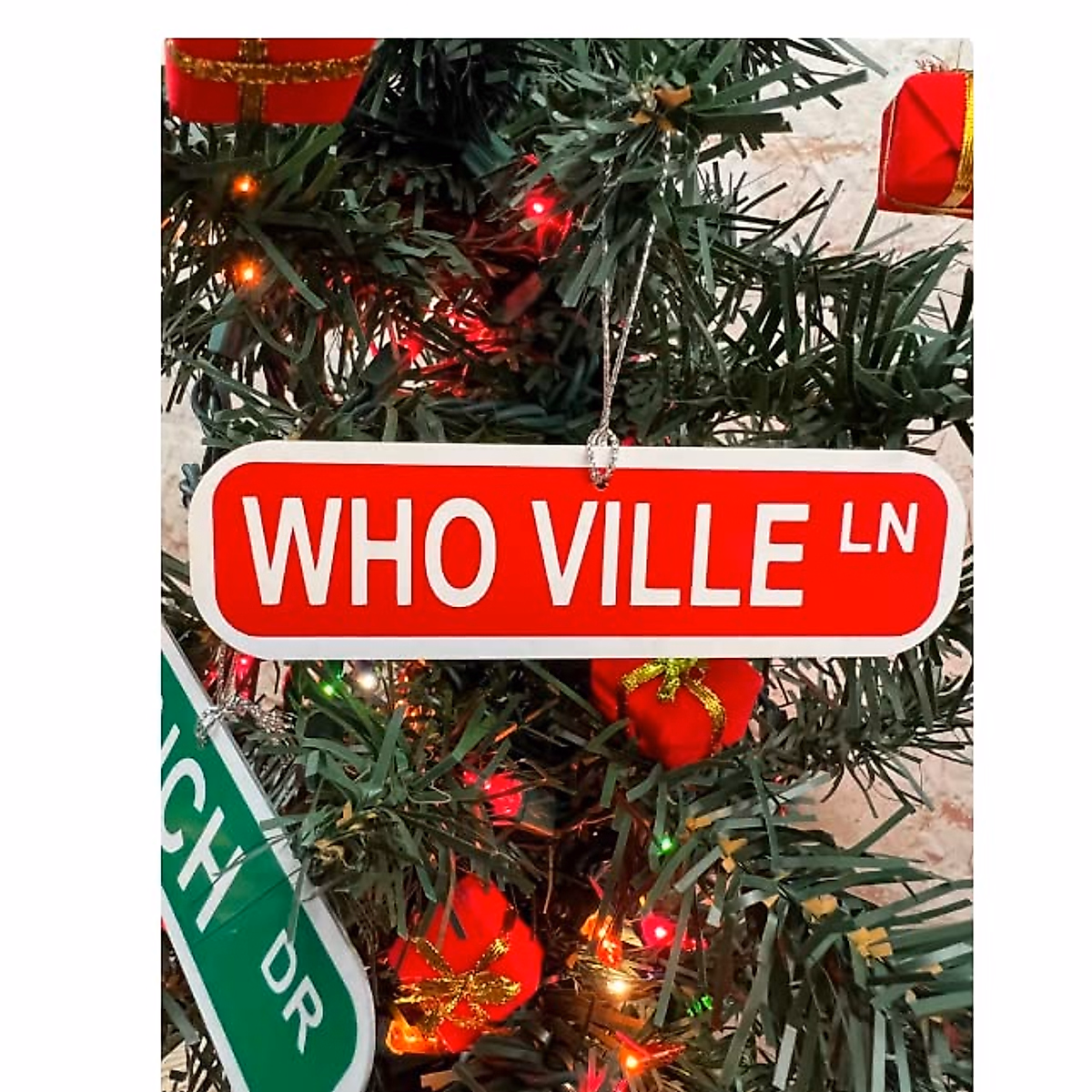Grinch Drive & Who Ville Lane Paper Sign Grinch Tree Ornaments Christmas Grinch Ornaments for Tree Grinch Whoville Party Direction Christmas Grinch Home Birthday Party Decorations