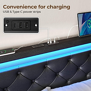 Rolanstar Twin Size Bed Frame with Charging Station and LED Lights, Upholstered PU Leather Bed with Adjustable Headboard and 4 Storage Drawers, No Box Spring Needed, Easy Assembly, Black