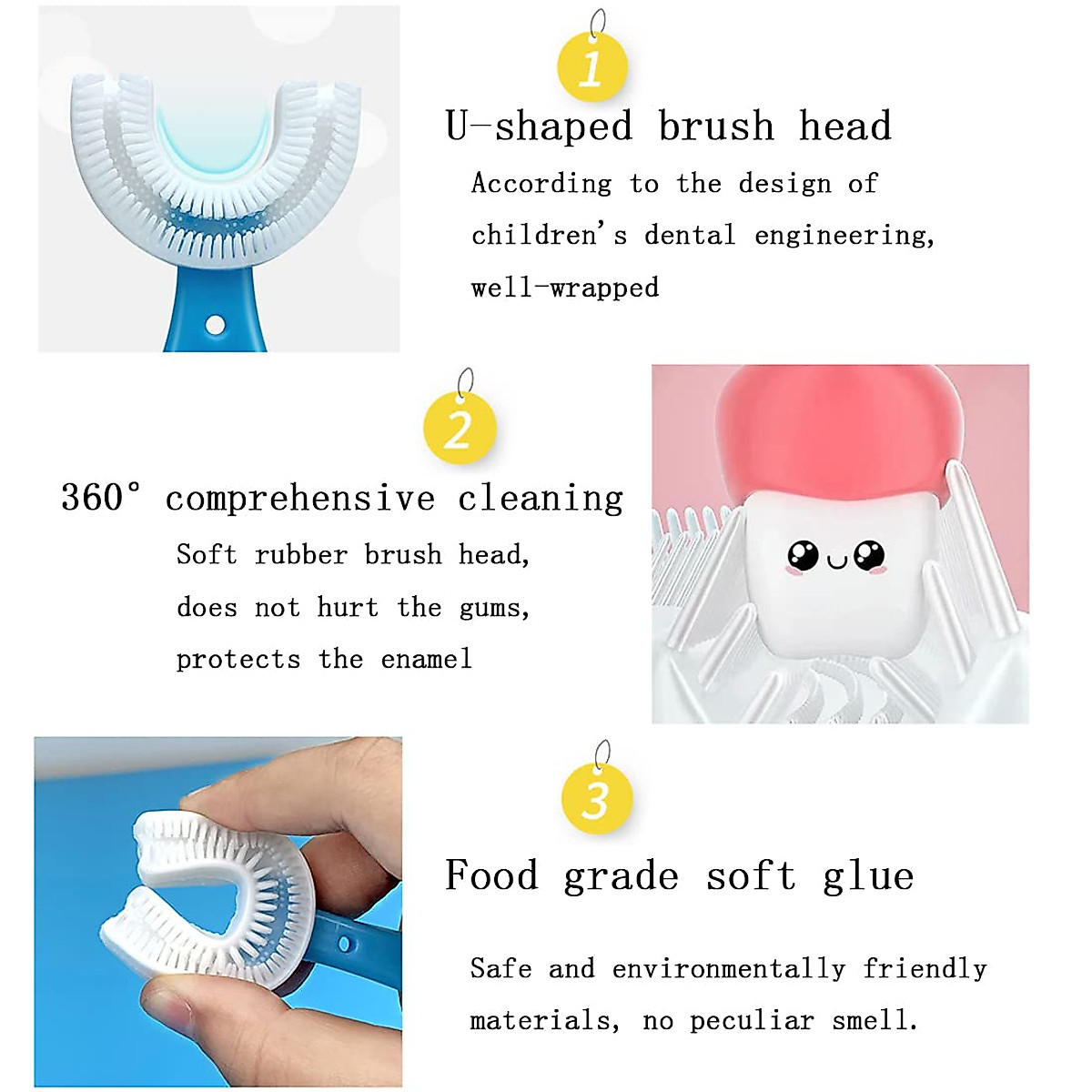 Winover 2 Pcs Kids U-Shaped Toothbrush, Food Grade Soft Silicone Brush Head, Does not Hurt The Gums, 360° Oral Cleaning Design (Age 2-6)
