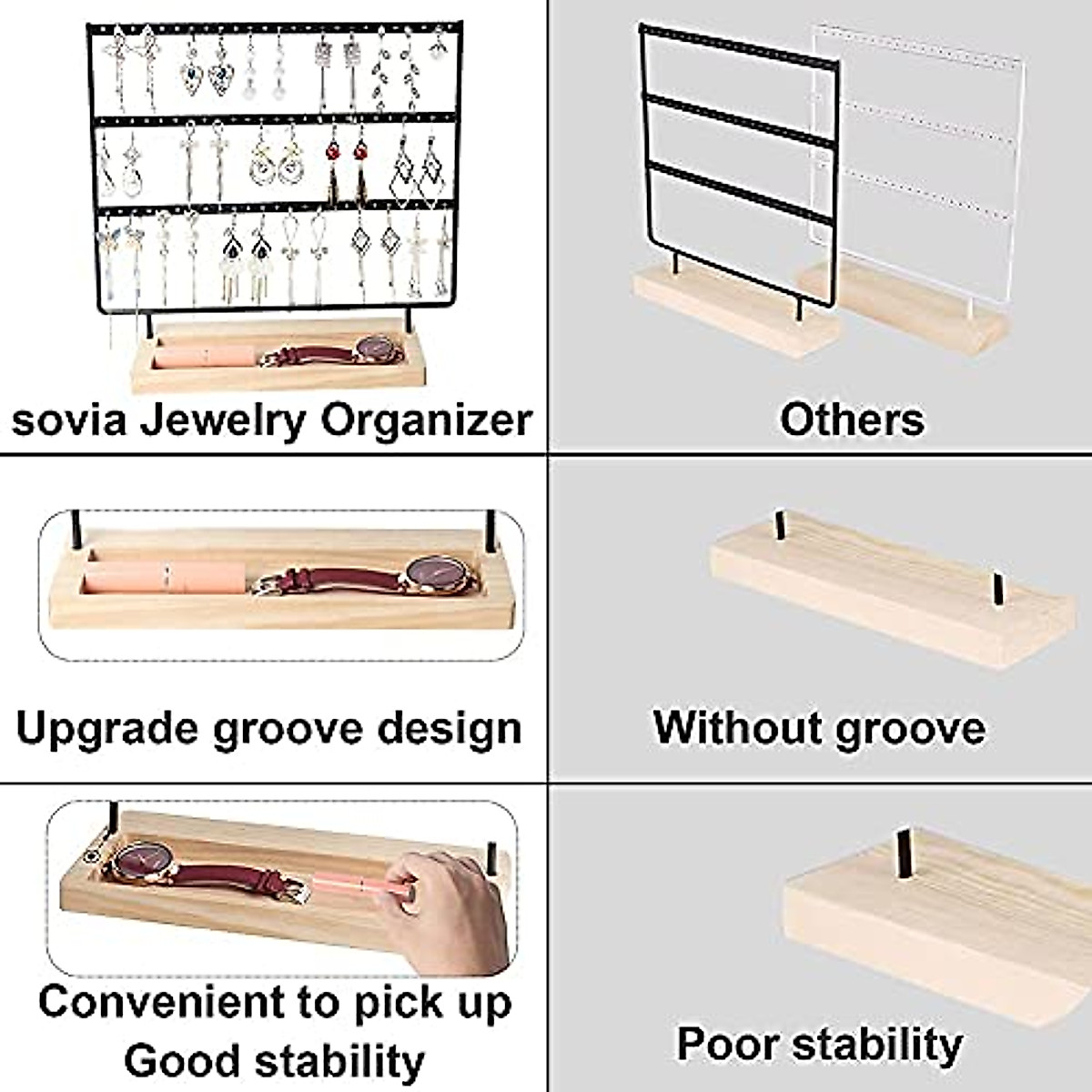 sovia Earring Organizer 3-Tier 75 Holes Jewelry Organizer Display Stand,Metal Earring Holder with Wood Basic stand,Necklace holder Storage Tray for Ring,Earrings,Ear Stud,Bracelets(Black)