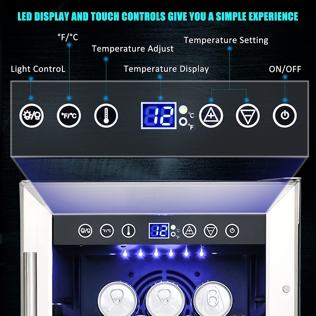 LUMISOL Mini Beverage Refrigerator and Cooler, 15" Cooler Under Counter Built-in or Freestanding, 120 Cans Capacity Wine Cabinet with Blue Interior Light Adjustable Shelves, for Home Bar office