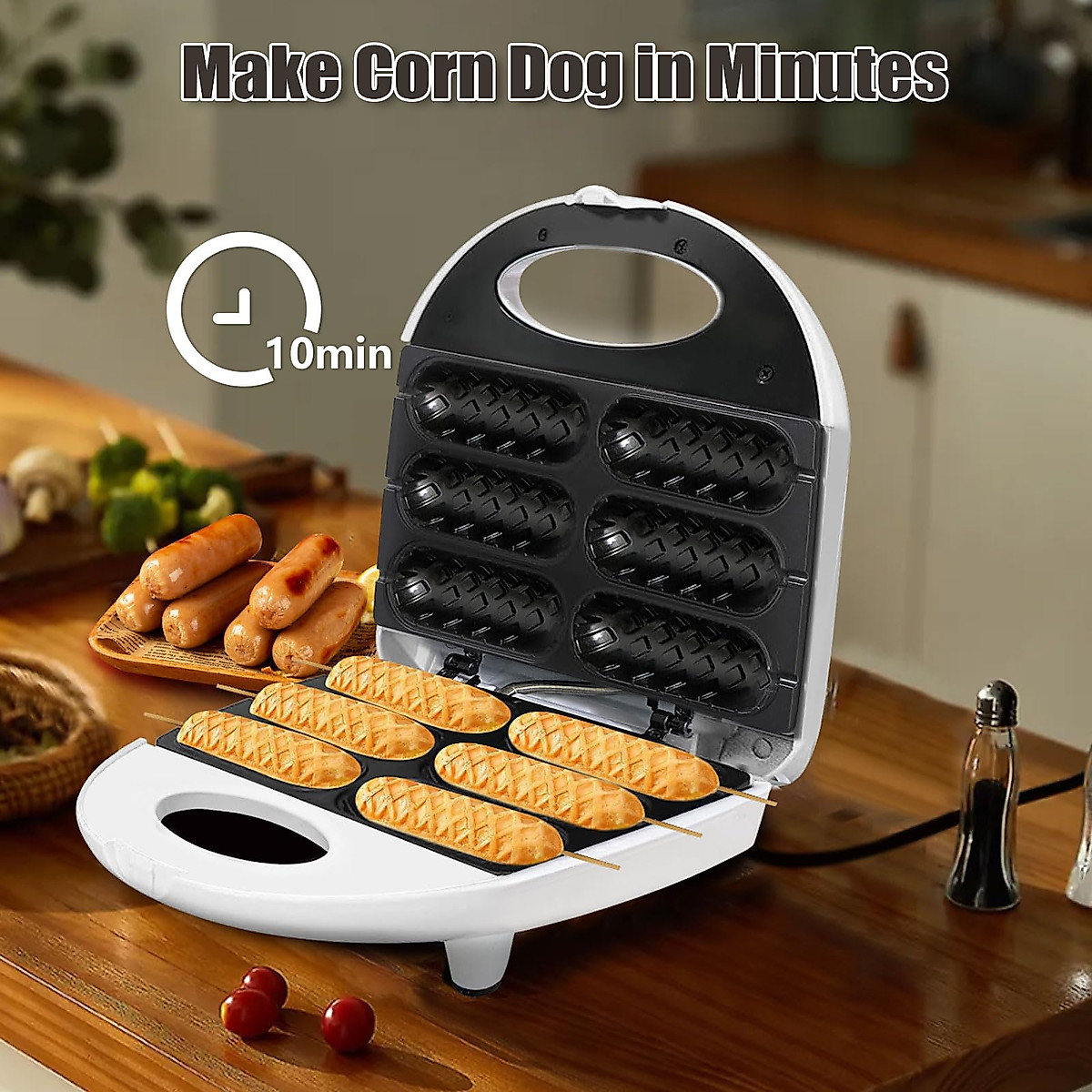 Corn Dog Waffle Maker Small, Hot Dog Waffle Machine with Non-stick Coating Plate, Waffle Dog Maker Toaster Make 6 Corn Dogs, Corn Dog Waffle Machine Make Corn Dog in Minutes, White