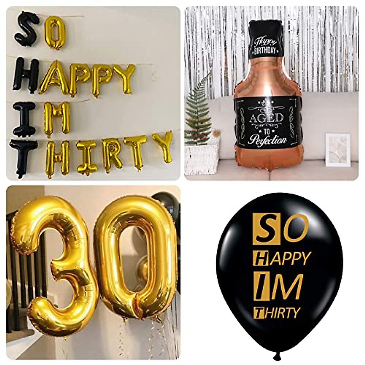 30th Birthday Decorations for Him，Black and Gold So Happy Im Thirty Balloons Banner and Dirty 30 Birthday Decorations for Men or Him