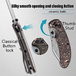 KANSEPT Nesstreet Button Lock Pocket Folding Knives for Men EDC Camping Folding Knife 3.58'' Damascus Material Pocket Folding Knife with Copper Carbon Fiber Handle Everyday Carry Folding Knife K1039F7