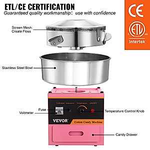 VEVOR Commercial Cotton Candy Machine, Electric Floss Maker with Stainless Steel Bowl, Sugar Scoop and Large Storage Drawer, for Home Party Carnival, Pink