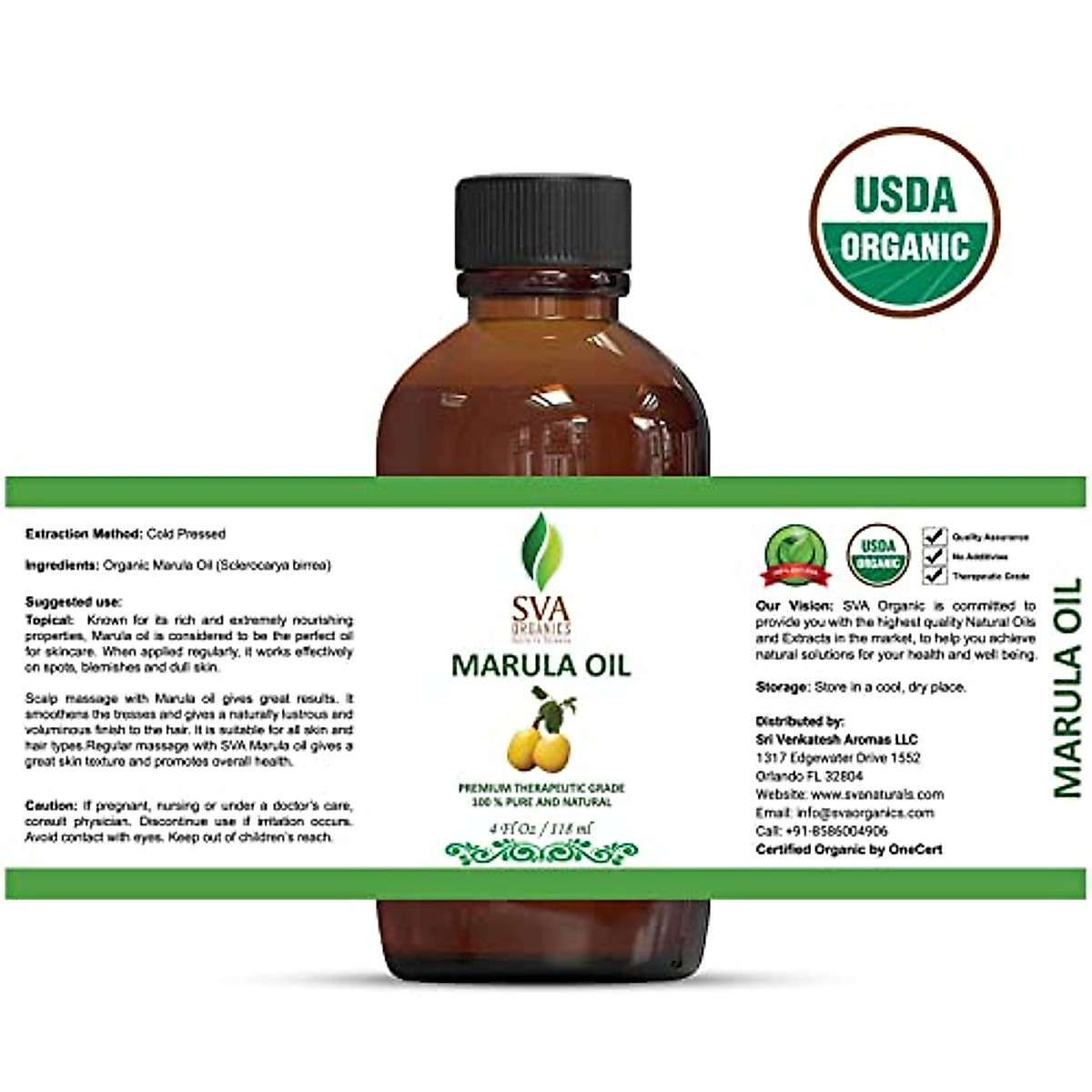 SVA ORGANICS Marula Oil Organic USDA 4 Oz Pure Natural Cold Pressed Carrier Unrefined Luxury Oil for Face, Body, Lips, Hair, Nails, Shampoo, Conditioner, Lotion, Face Serum