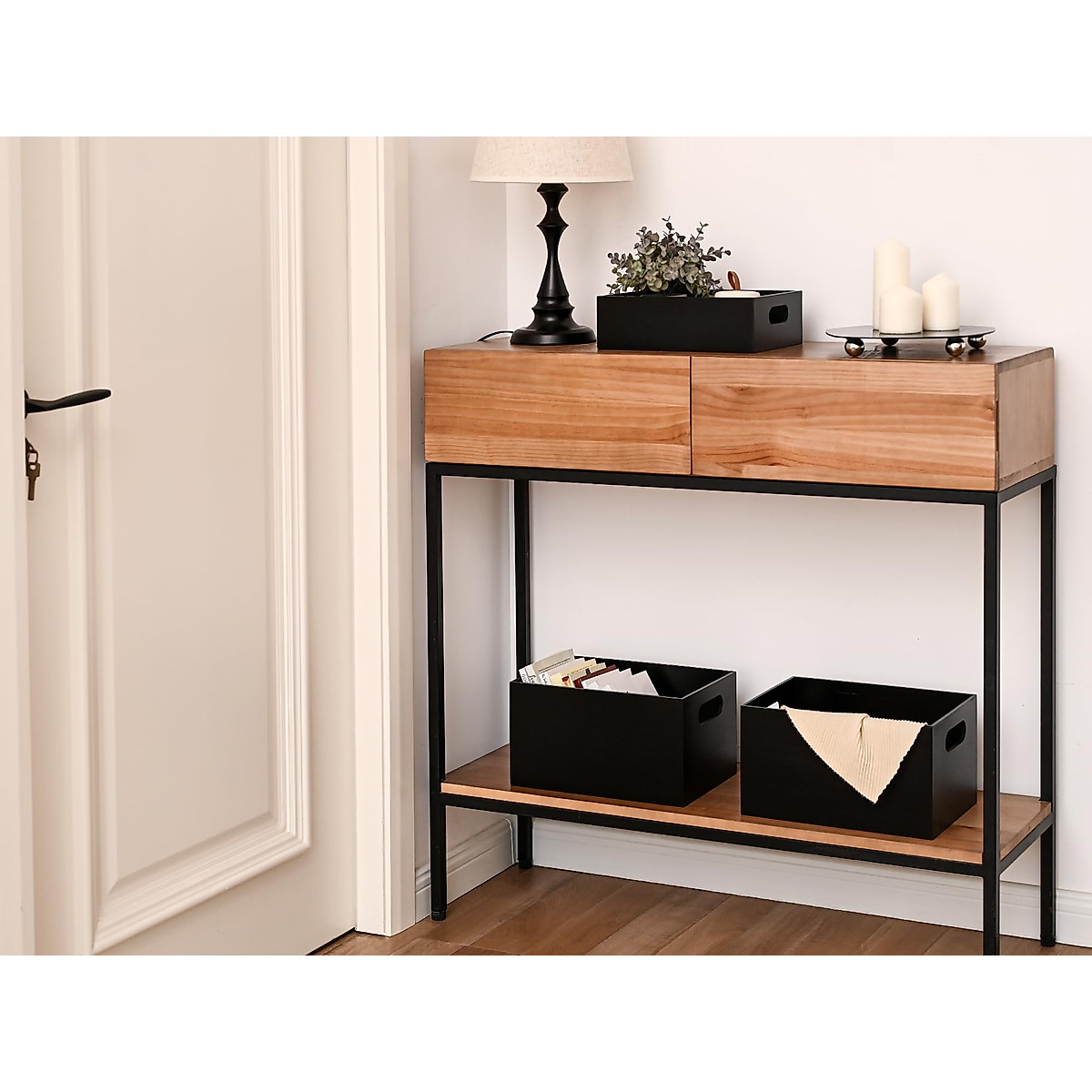 StorageWorks Bamboo Organizers for Shelves, Handcrafted Bamboo Storage Containers for Snacks, Spices, or Drinks, Black Wooden Crates with Built-in Handles, 2 Pack