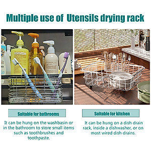 NiuYichee 304 Stainless Steel Utensil Holder, Dish Drying Rack, Kitchen Utensil Organizer, Knife and Fork Drainage Rack, Kitchen Drainage Basket Accessories, with Hooks, Rust Proof, Color-Silver