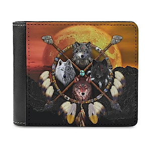 Bhqcflkwpz Native American Wolf Dreamcatcher Bifold Wallet Slim Print Wallets ID Display for Work Business white One Size