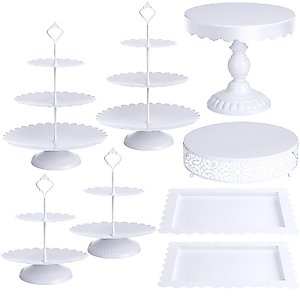 8 Pcs Cake Stands Set Metal Dessert Table Display Tiered Cupcake Holder Candy Donut Fruit Plate Cake Serving Tray Candlestick Display Treats Serving Tower for Wedding Birthday Party Decor (White)