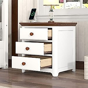 Flieks Wooden Nightstand with USB Charging Ports and Three Drawers,End Table for Bedroom,White+Walnut
