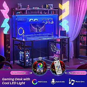 armocity 2023 Upgrade Gaming Desk with Hutch, 48'' Magic Computer Desk with LED Lights and Outlets, Reversible Workstation Desk with Pegboard and Monitor Stand, 48 Gamer Desk PC Table, Grey and Black