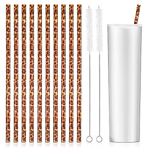 10 Pieces Tall Leopard Print Plastic Straws Set Cheetah Leopard Reusable Straws Safari Themed Disposable Drinking Straws with 2 Cleaning Brushes Fits 20oz, 22oz, 32oz Tumblers