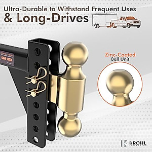 KROHL Adjustable Trailer Hitch with 2" & 2-5/16" Balls, 12,000 lbs Capacity, 7.5" Rise & Drop, Lock & Keys Included, Zinc Plated for Durability - Perfect for Trucks & SUVs with 2" Receiver
