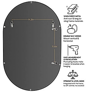 HOWOFURN Wall Mounted Mirror, 20’’x30’’ Oval Bathroom Mirror, Black Vanity Wall Mirror w/ Stainless Steel Metal Frame & Pre-Set Hooks for Vertical & Horizontal Hang, Ideal for Bedroom, Bathroom