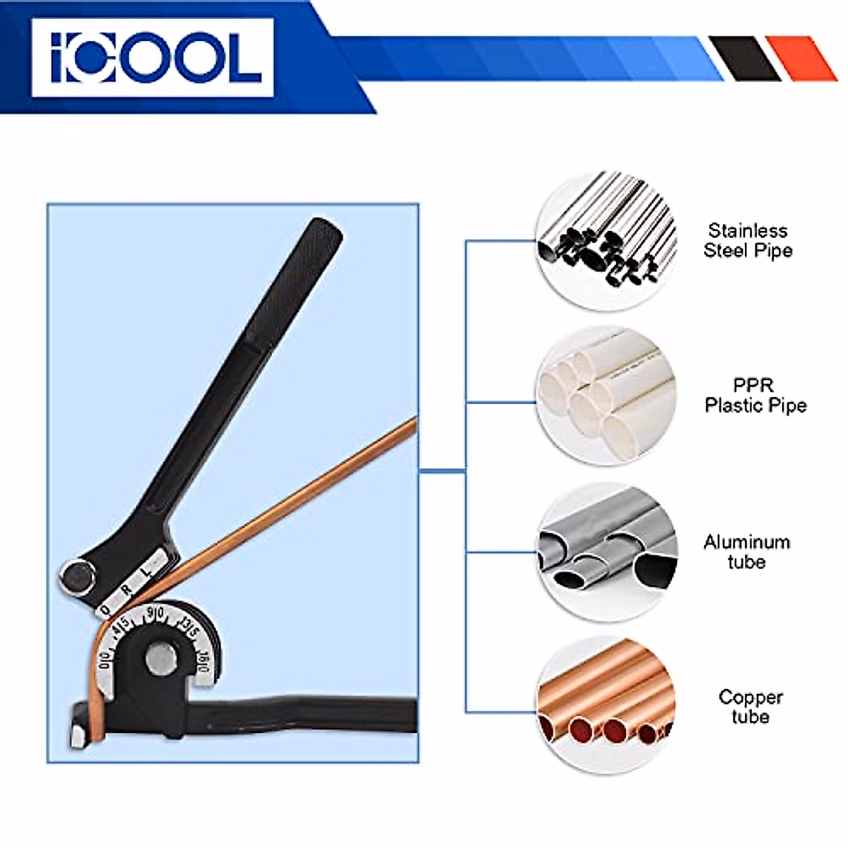 ICOOL Tube Bender 3 in 1 Manual Tubing Bending Tools 0-180 Degrees 1/4, 5/16, and 3/8 Inch (Matte Surface) for Copper Aluminum Brass and Thin Stainless Steel Pipes