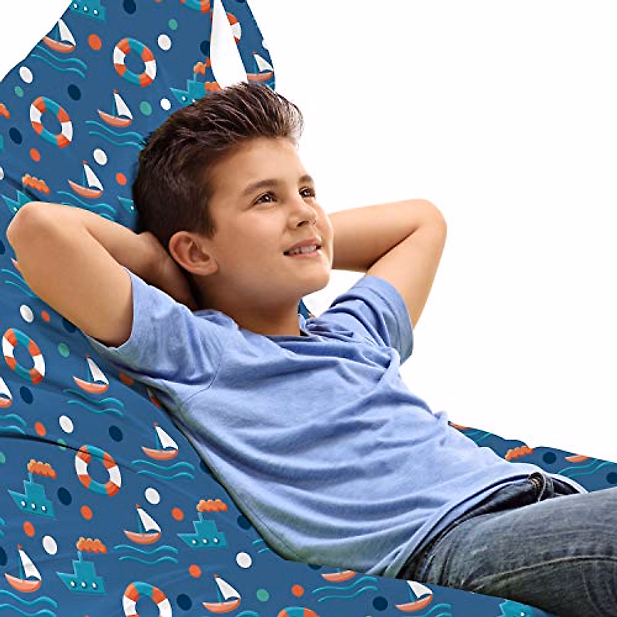 Lunarable Nautical Lounger Chair Bag, Cartoon Style Marine Sea Sail Boats Waves Dots Illustration, High Capacity Storage with Handle Container, Lounger Size, Sea Blue and Multicolor