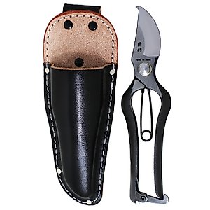 KAKURI Japanese Pruning Shears for Gardening Heavy Duty 8 Inch, Made in JAPAN, Professional Garden Bypass Pruners with Leather Sheath, Hand Forged Japanese Carbon Steel, Black