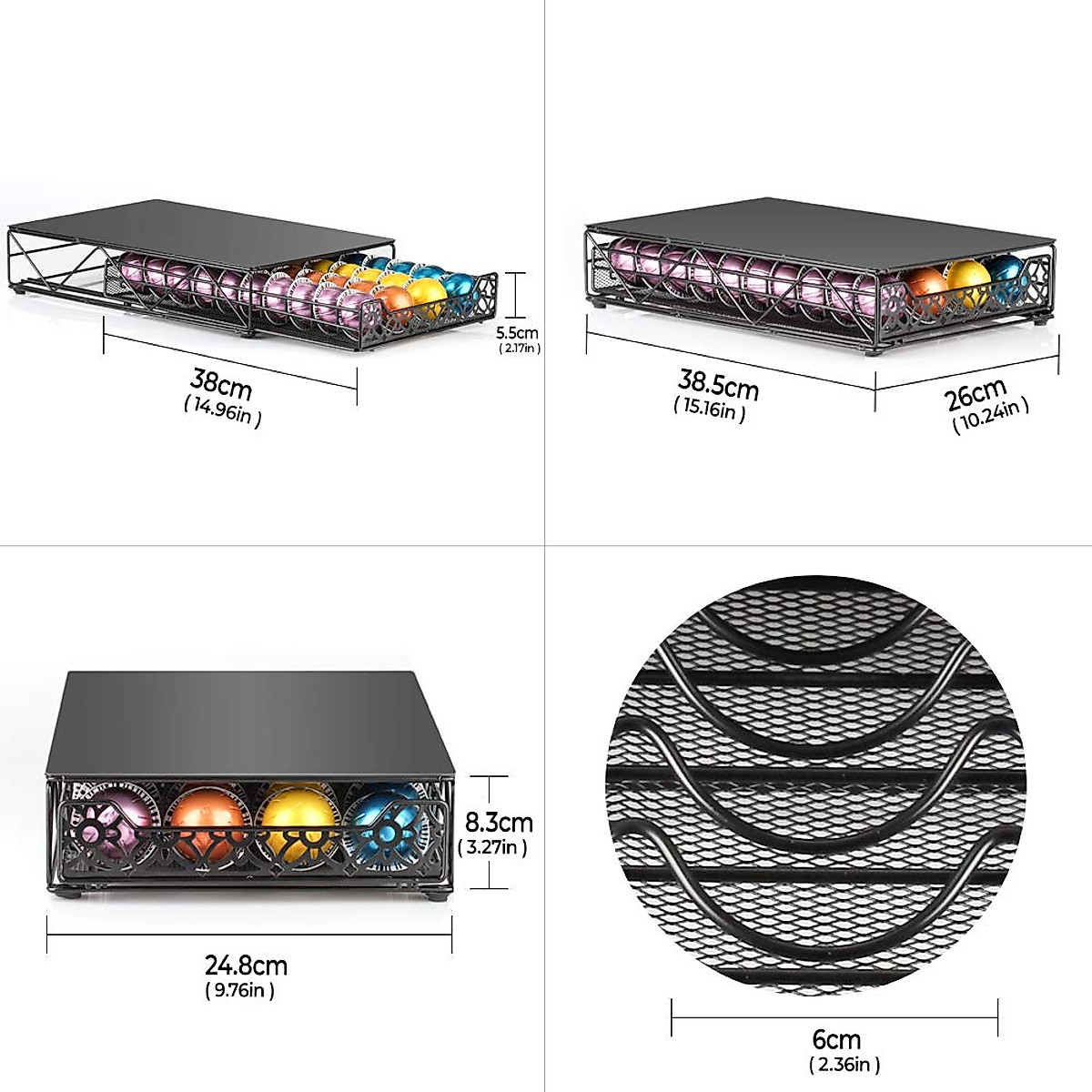 RECAPS Coffee Pod Holder Pod Drawer Storage Pods Holder Coffee Capsules Kitchen Organizer Compatible with Vertuoline Vertuo Stores 40 Capsules Black Color