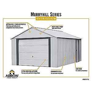 Arrow Shed 12' x 17' Murryhill Garage Galvanized Steel Extra Tall Walls Prefabricated Shed Storage Building, 12' x 17', Flute Gray